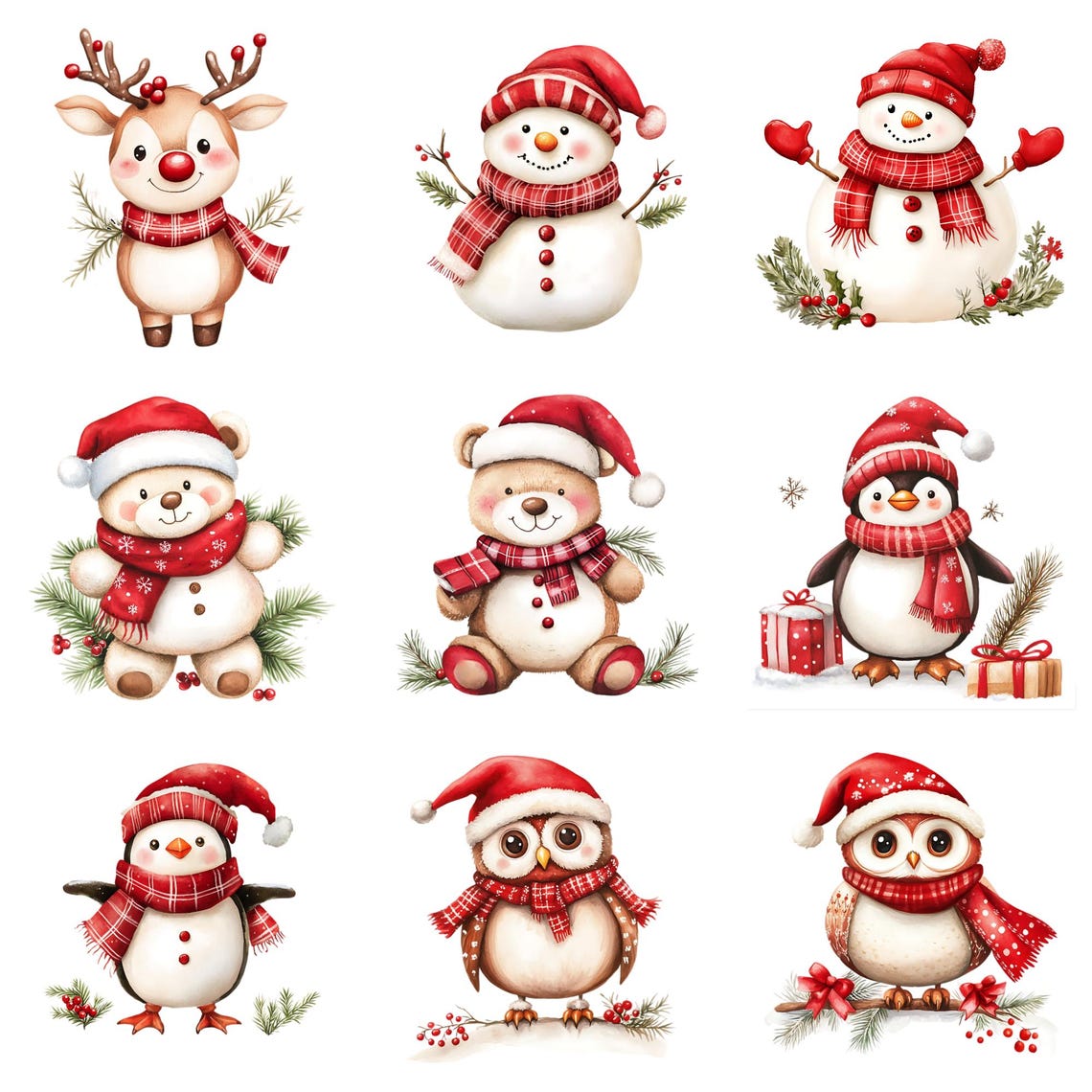 Watercolor Cute Christmas Clipart Bundle, Quirky Festive Characters PNG ...