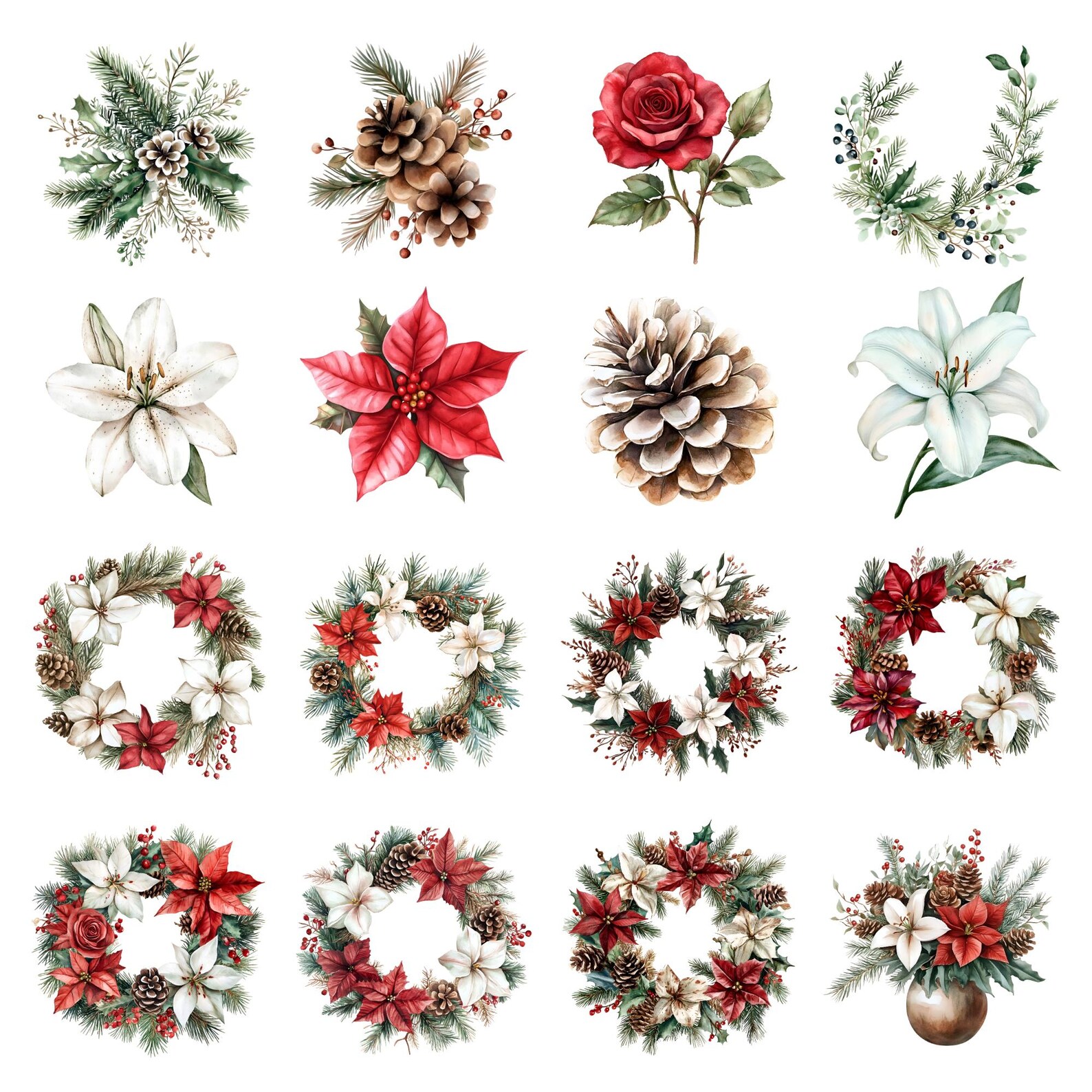 Watercolor Christmas Floral Clipart Bundle, Poinsettia & Lily Bouquet ...