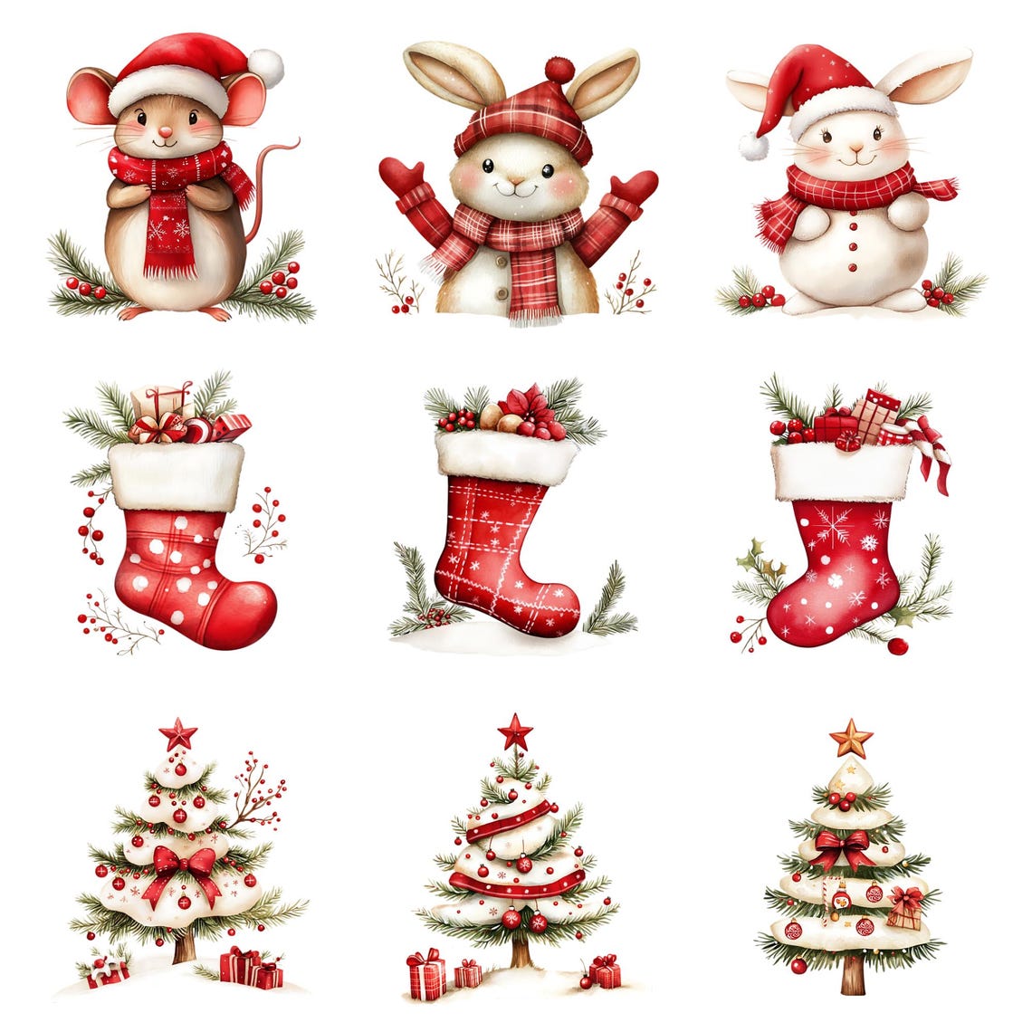 Watercolor Cute Christmas Clipart Bundle, Quirky Festive Characters PNG ...