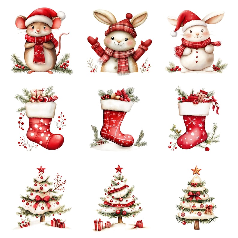 Watercolor Cute Christmas Clipart Bundle, Quirky Festive Characters PNG ...