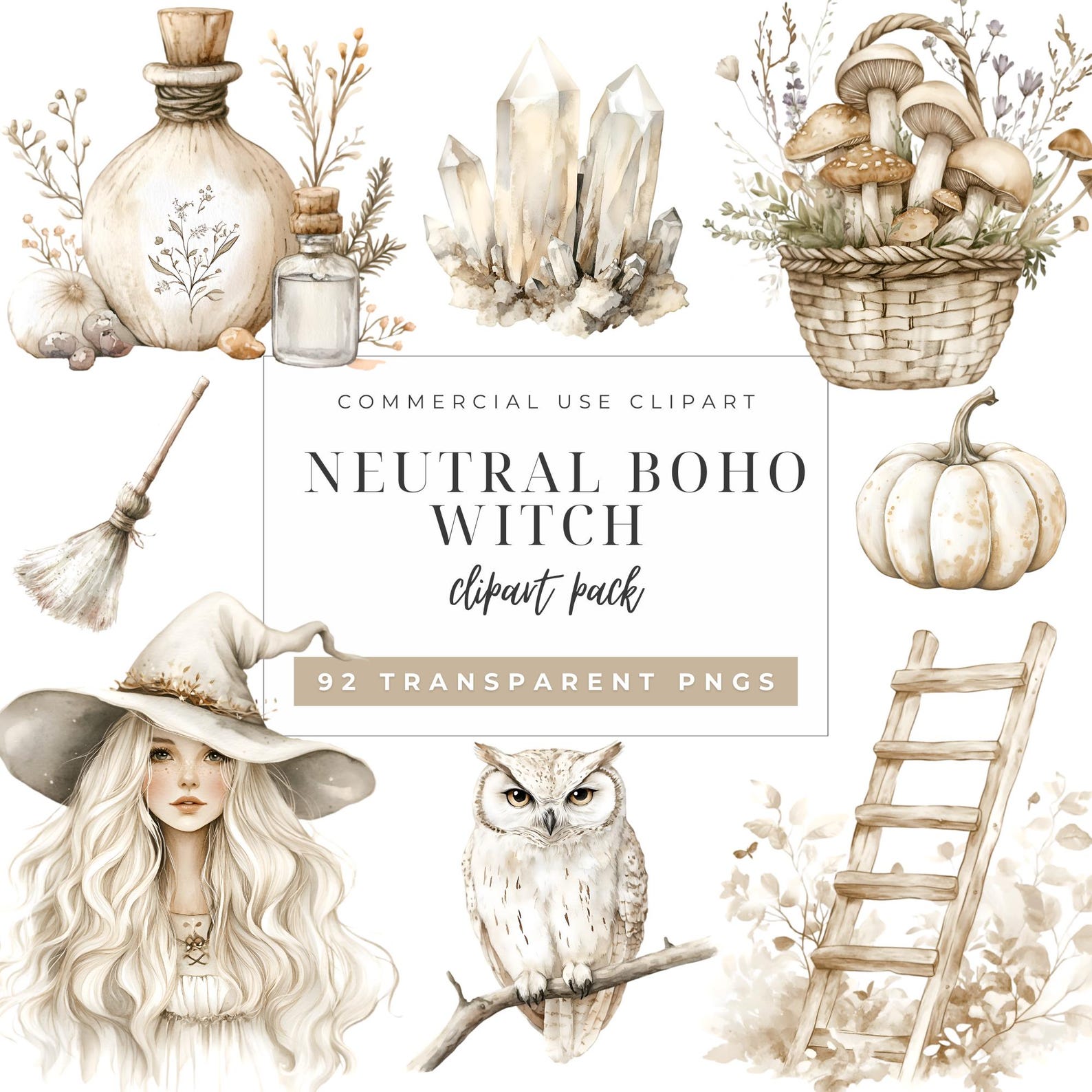 Watercolor Boho Witchy Clipart Bundle, Neutral Halloween PNG ...