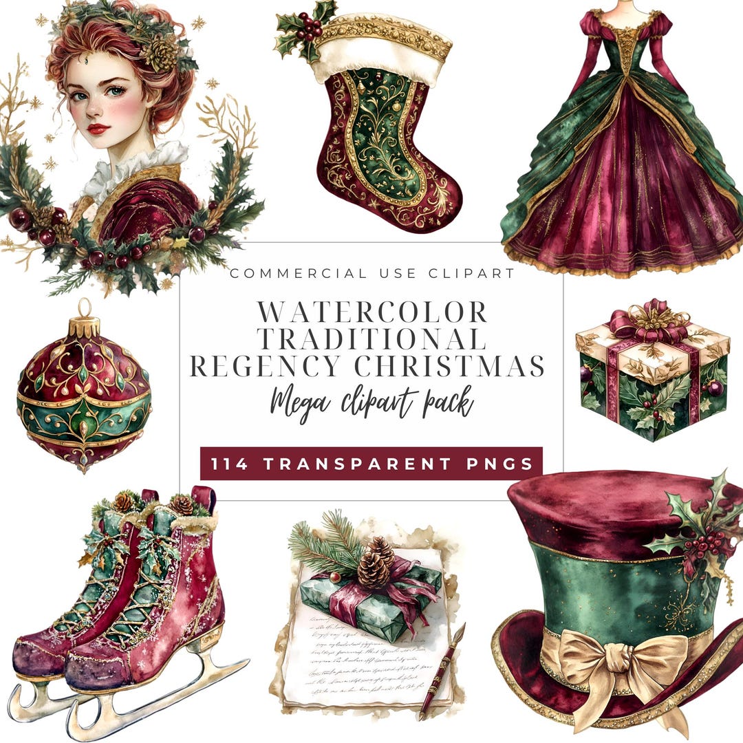 Watercolor Traditional Regency Era Christmas Clipart Bundle, Victorian ...