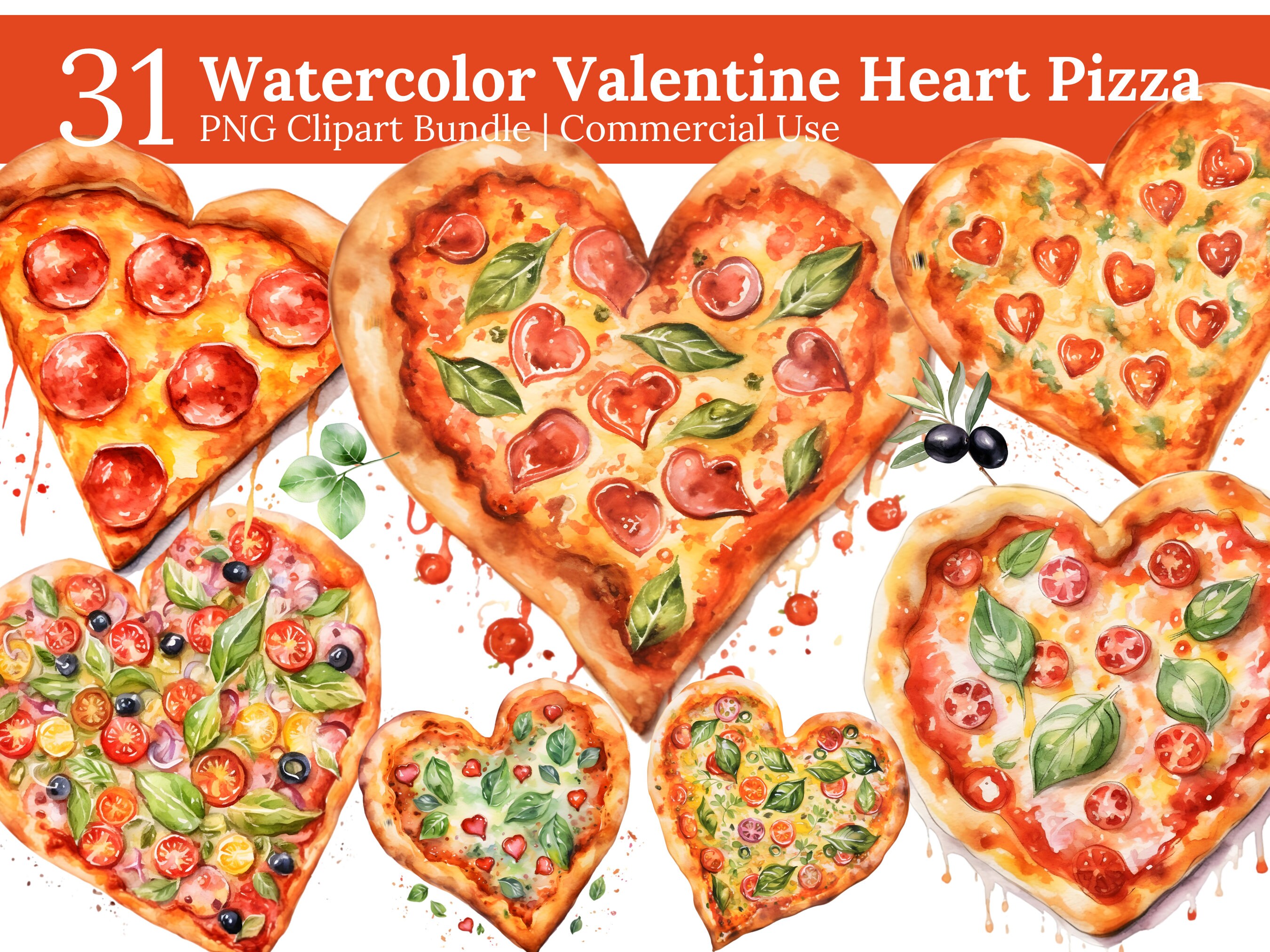 Watercolor Heart Pizza Clipart, Valentine Pizza PNG, Digital Download ...