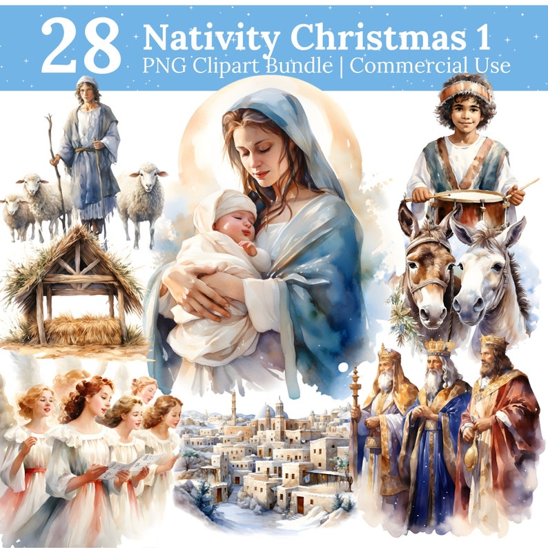 Watercolor Christmas Nativity Clipart Bundle, Jesus Sublimation ...