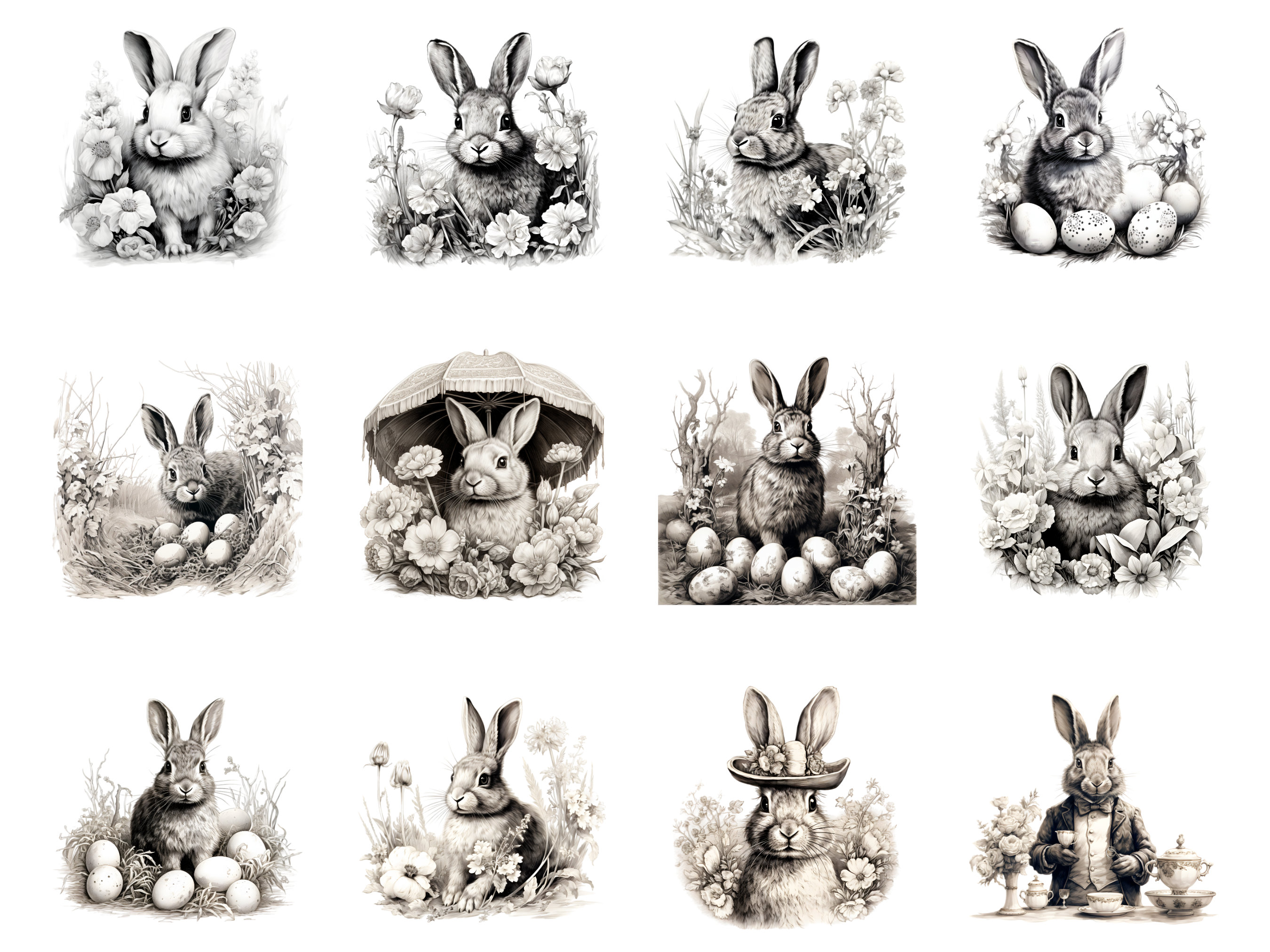 Vintage Easter Bunny Clipart, Ink Sketch Illustrations, Victorian ...