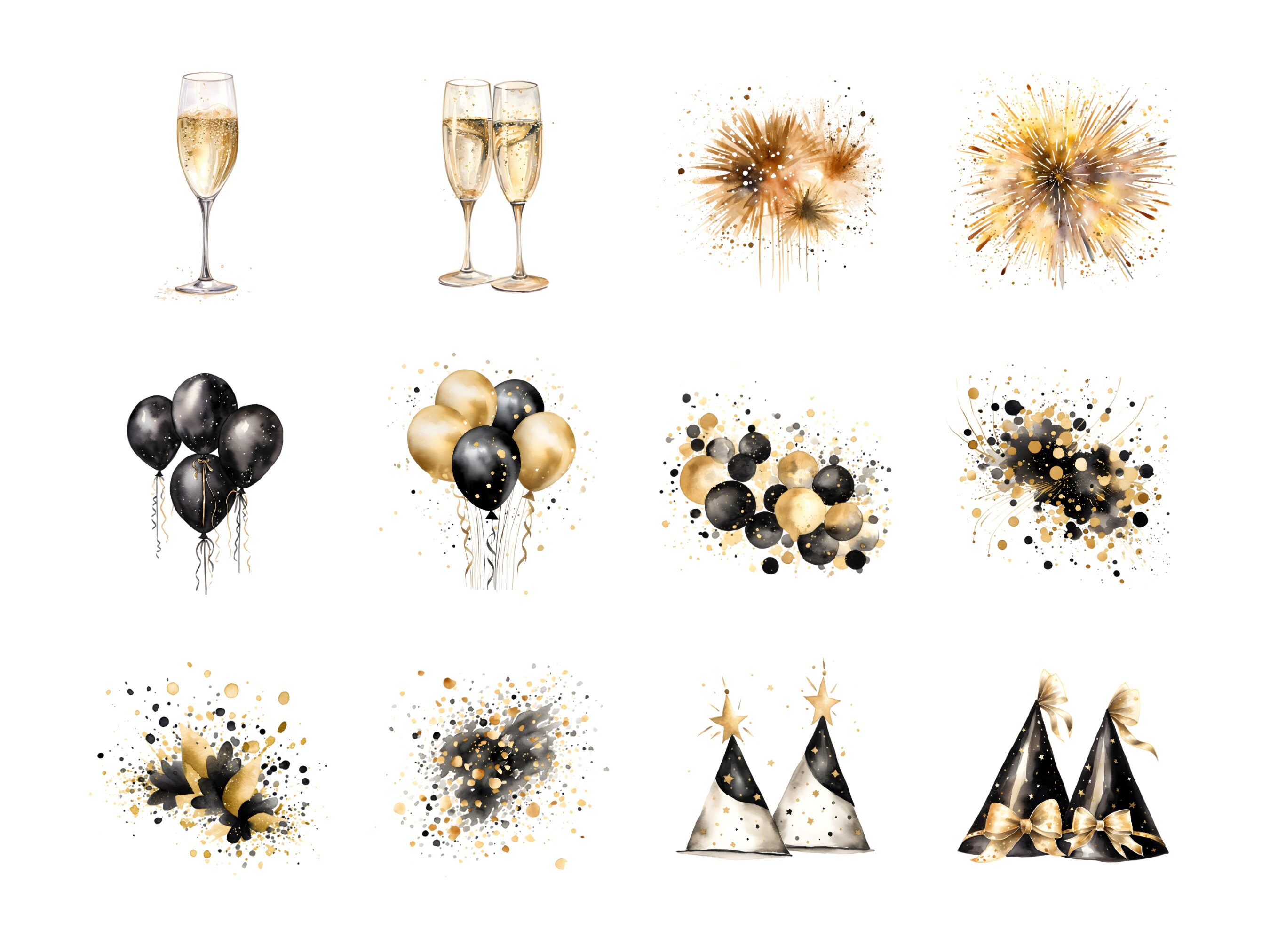 Watercolor New Year Clipart, Happy New Year Clipart, Black & Gold New ...