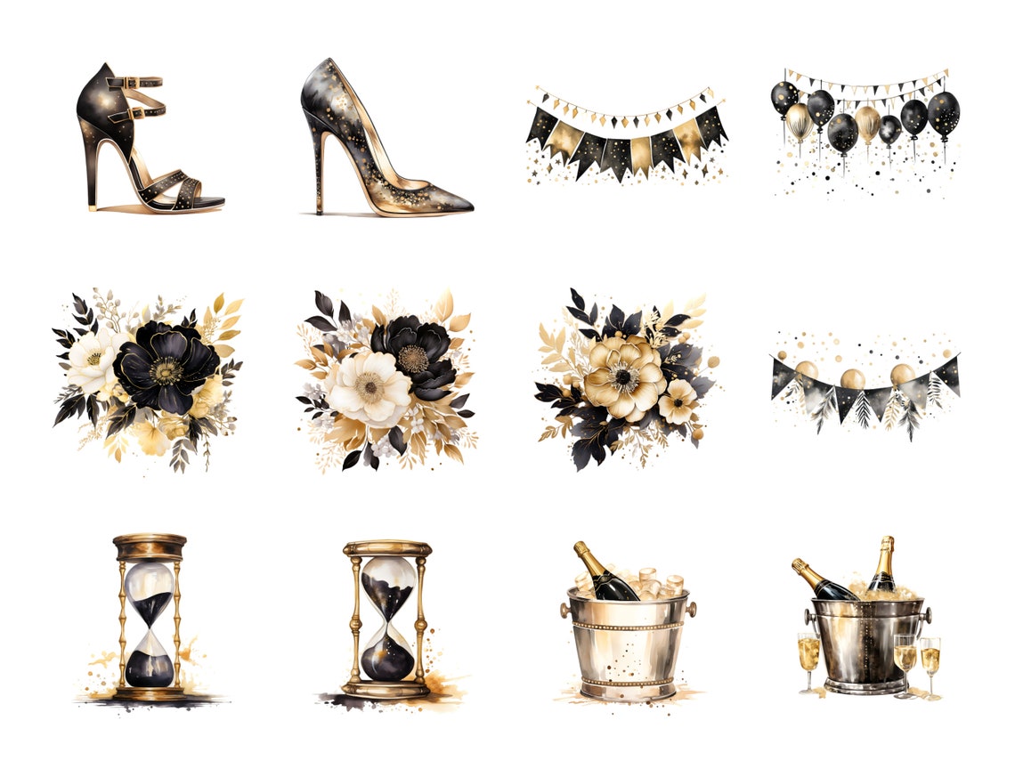 Watercolor New Year Clipart, Happy New Year Clipart, Black & Gold New ...