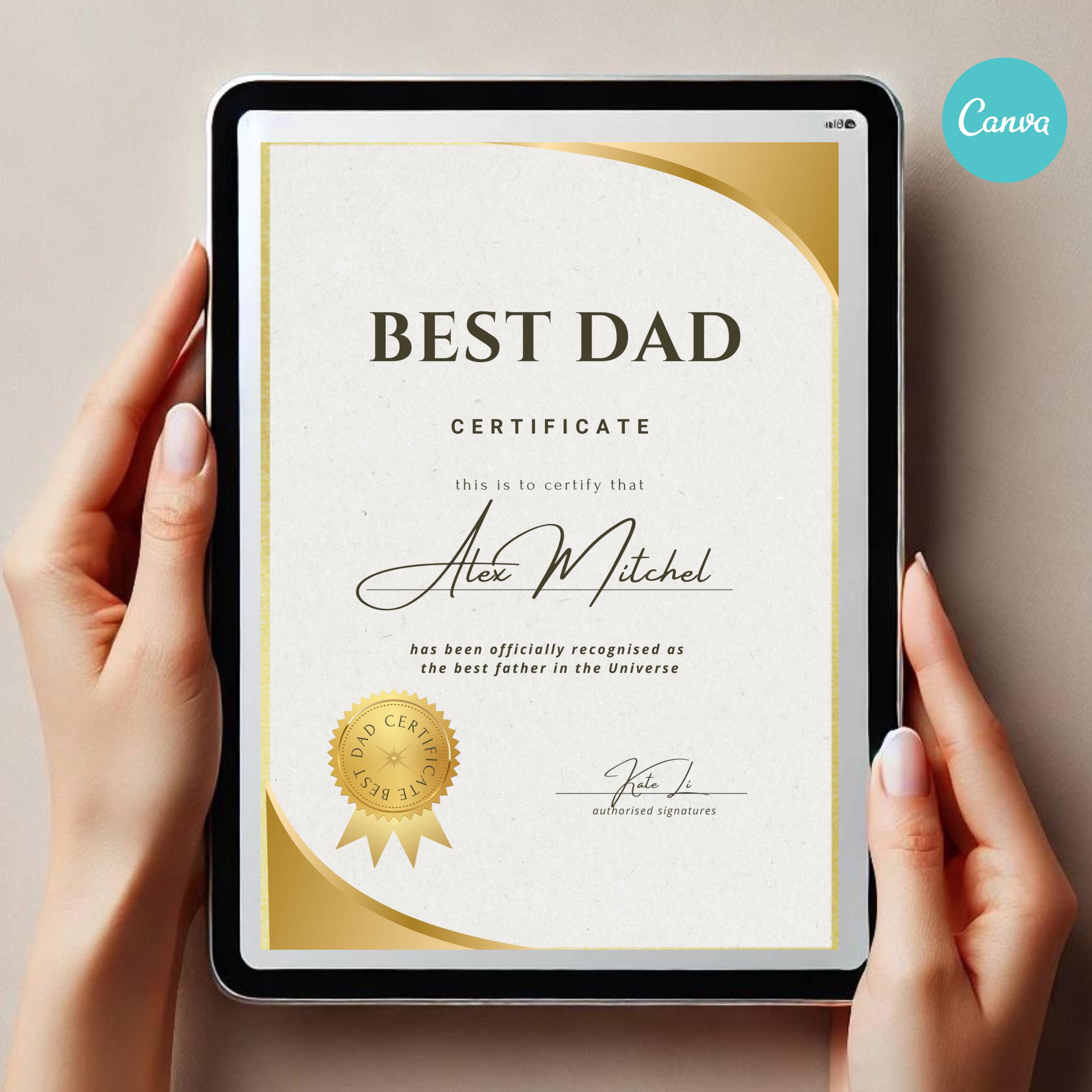 Editable Best Dad Certificate Template, Dad Certificate, Father’s Day ...
