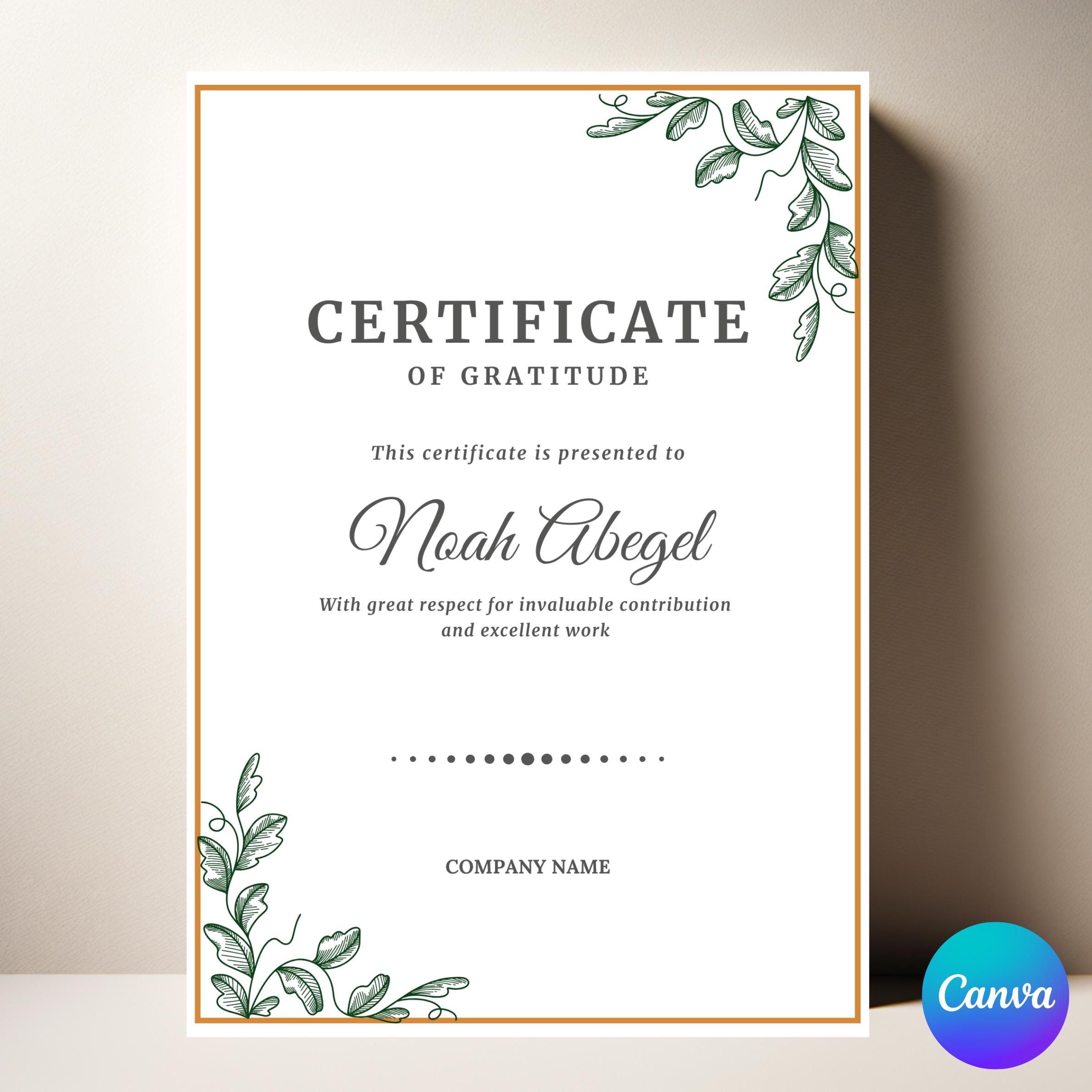 Certificate of Gratitude, Editable Template, Employee Certificate ...