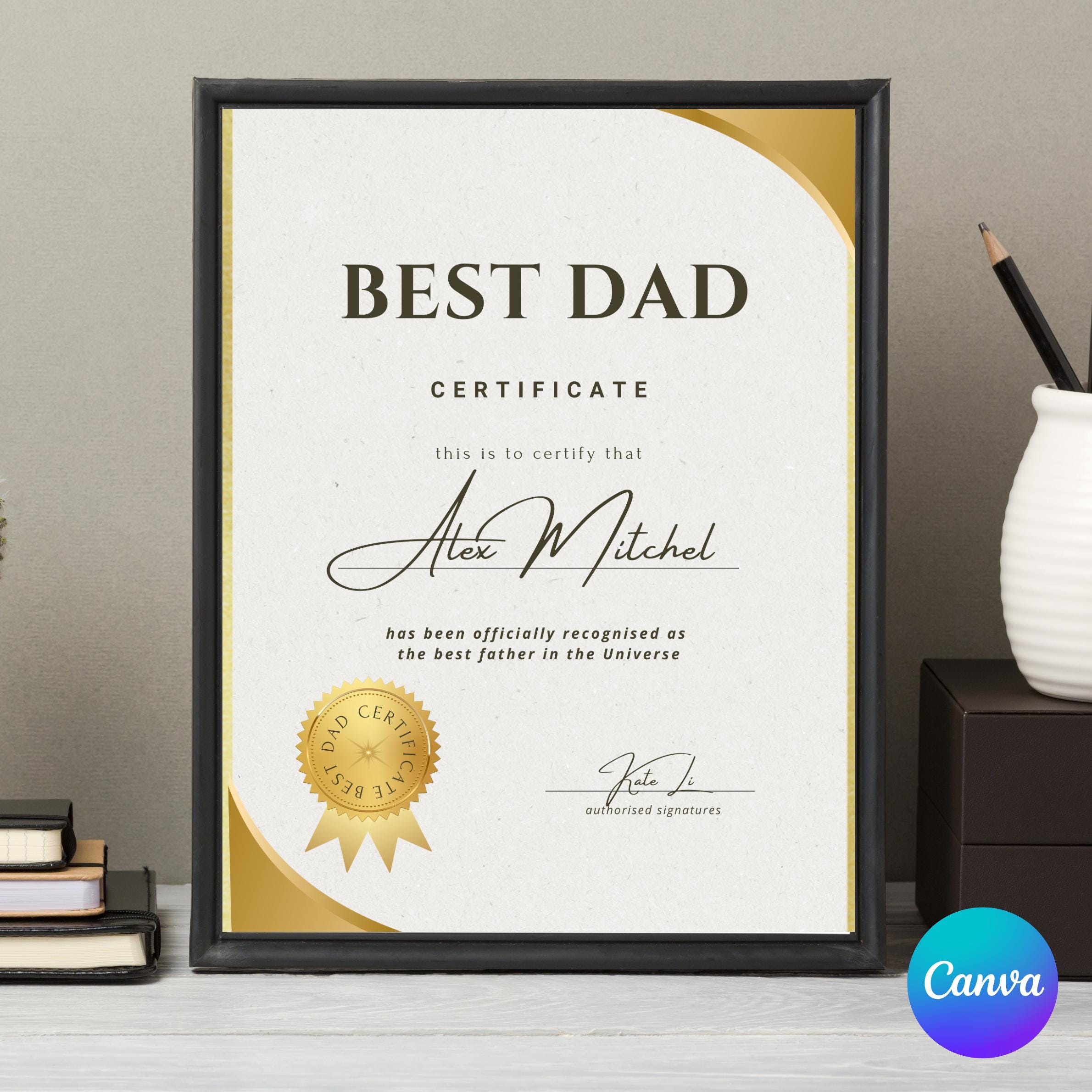 Editable Best Dad Certificate Template, Dad Certificate, Father’s Day ...