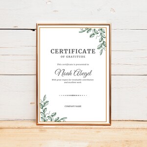 Certificate of Gratitude, Editable Template, Employee Certificate ...
