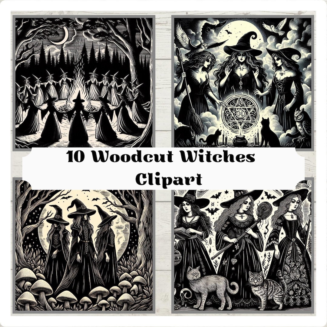 10 Woodcut Witches Clipart Set, Autumn, Witch, Wiccan, Bat, Matriarch ...