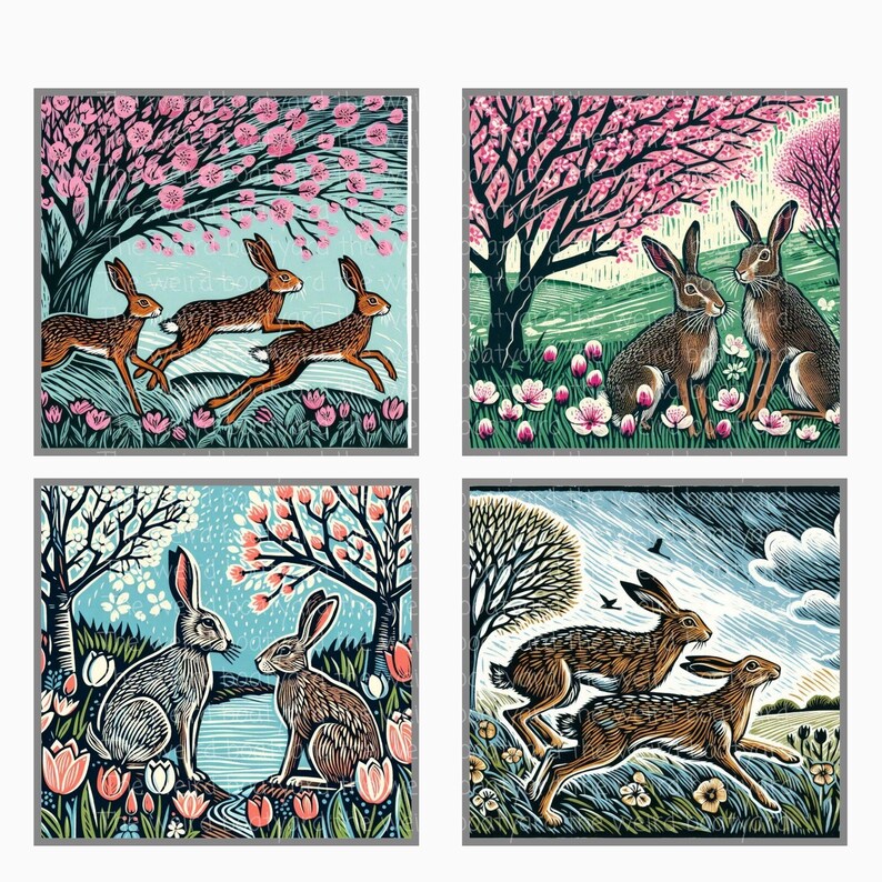 15 Linocut Spring Hare Clipart Images: Seasonal Art (digital Download ...