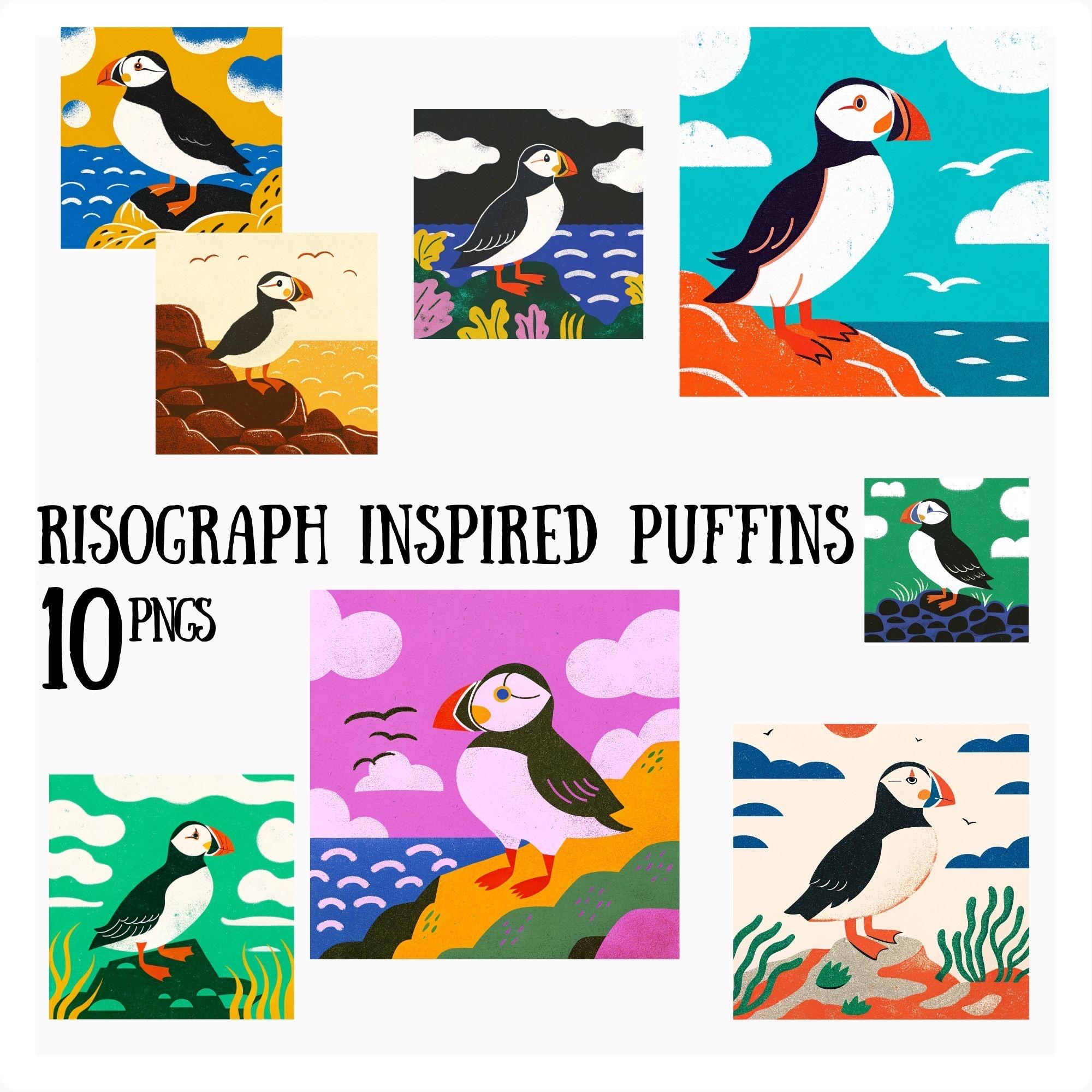 10 Risograph Inspired Puffins Clipart Images, Colourful Retro Digital ...