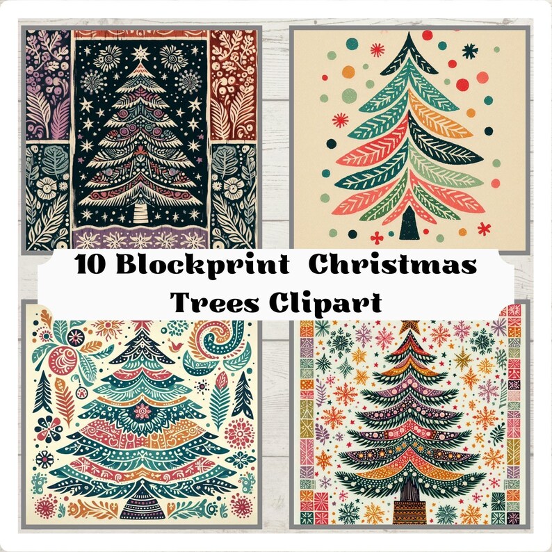10 Blockprint Christmas Tree Clipart Images, Instant Download, Perfect ...