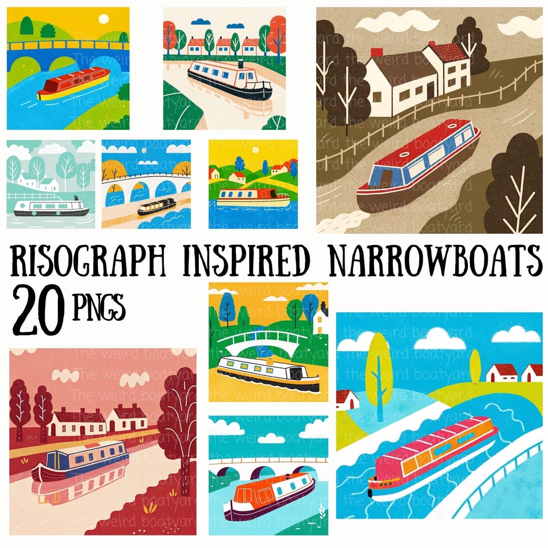 20 Risograph Style Narrowboat Pngs | Colourful Canal Boat Clipart | Retro Waterway Art | Digital ...
