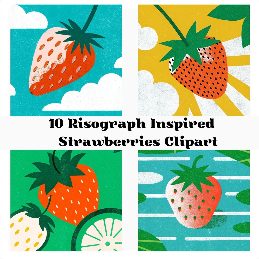 10 Risograph Inspired Strawberries Clipart Images, Colourful Retro Digital Art, Strawberry ...