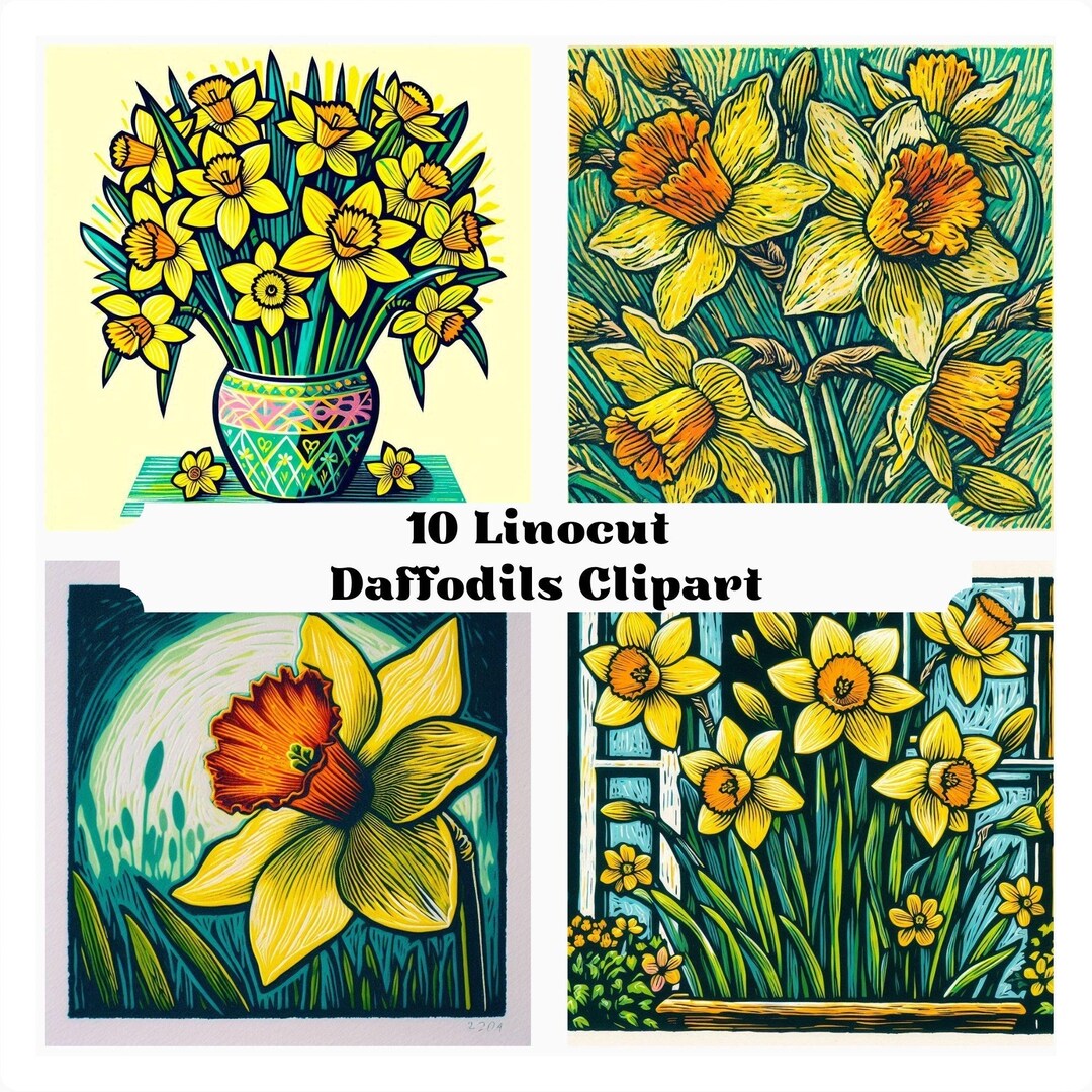 10 Linocut Daffodil Clipart, High-resolution Easter Images, Botanical ...