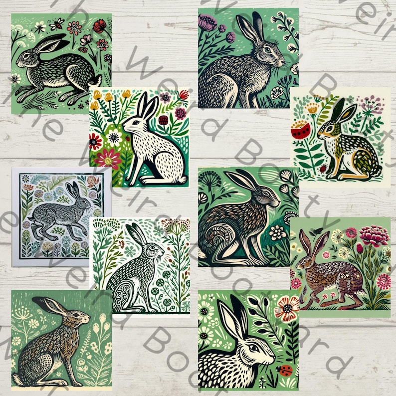 Botanical Hare Clipart: Green Blockprint Style, 20 PNG Images (digital ...