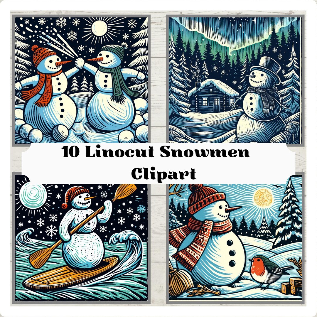 10 Linocut Style Snowmen Clipart Images Digital Download Winter Art ...