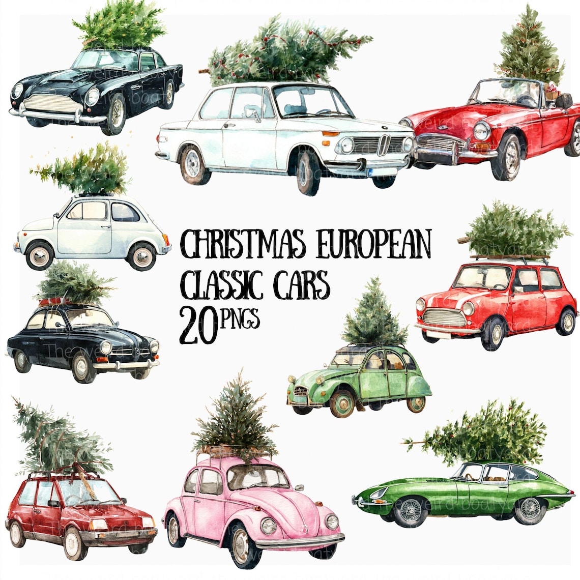 Vintage Car Christmas Clipart Set: Retro European Auto Pngs (digital ...