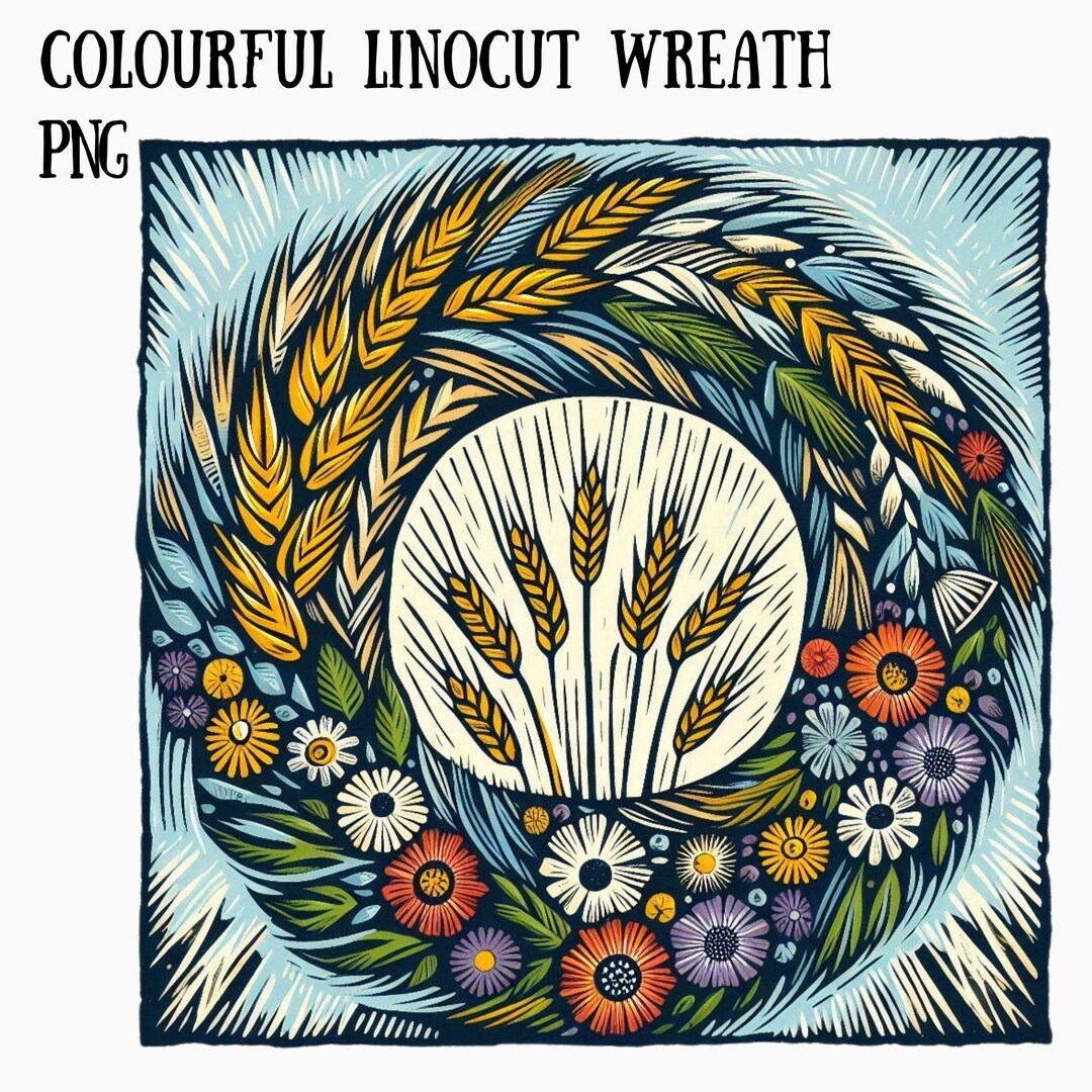Linocut Style Wreath PNG | Harvest Festival, Beltane, Summer Decor ...