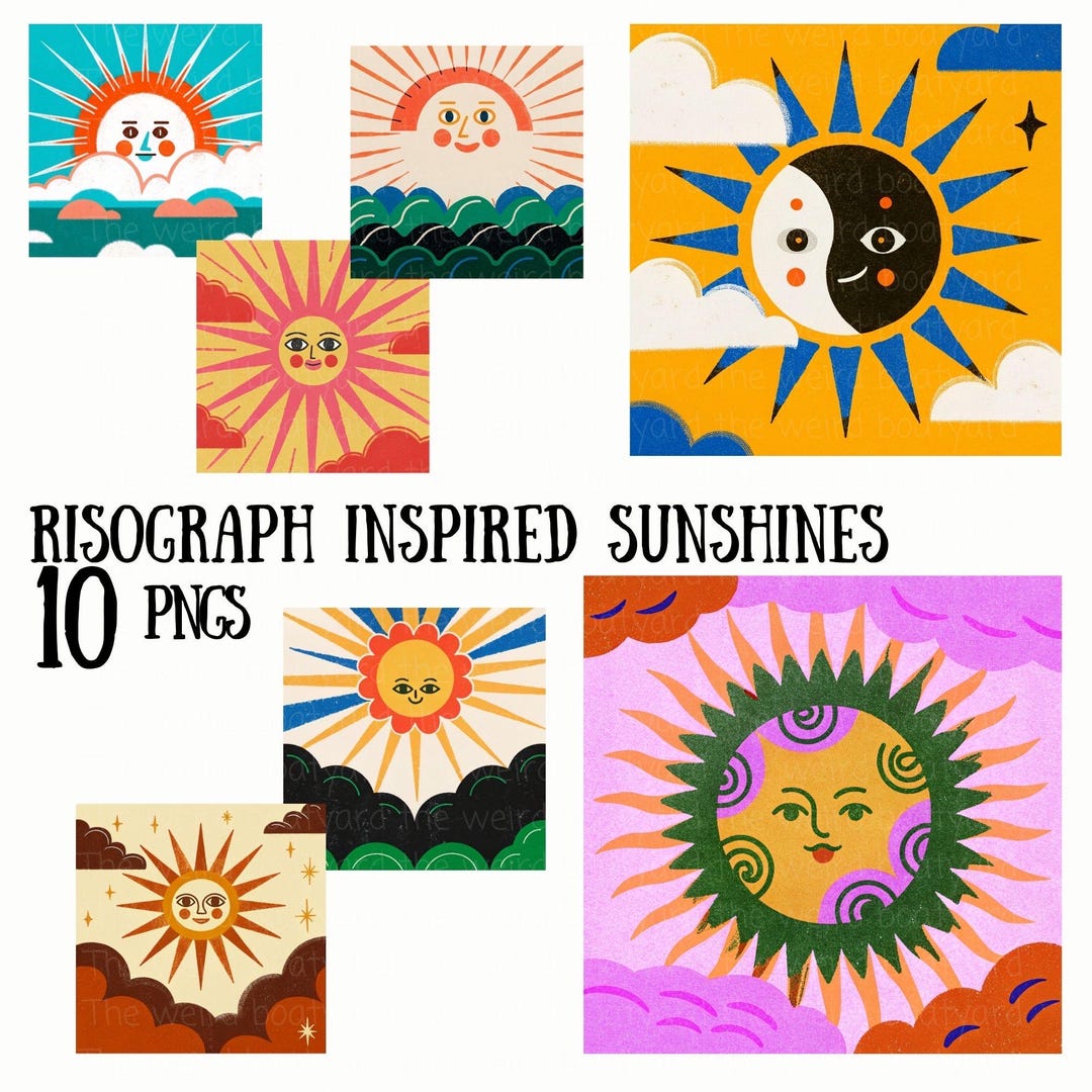 10 Risograph Inspired Sunshine Pngs - Retro Sun Clipart, Cute Happy Sun ...