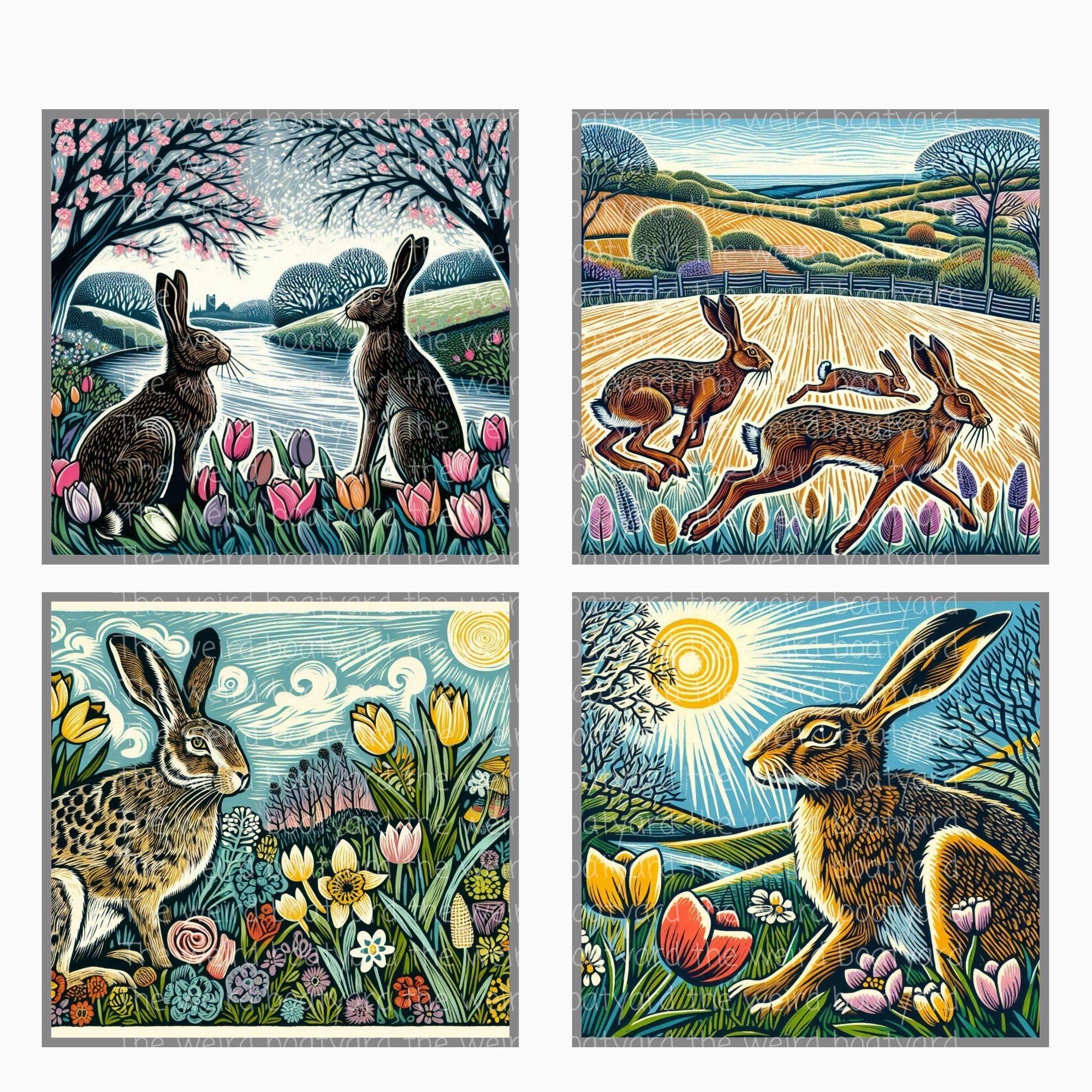 15 Linocut Spring Hare Clipart Images: Seasonal Art (digital Download ...