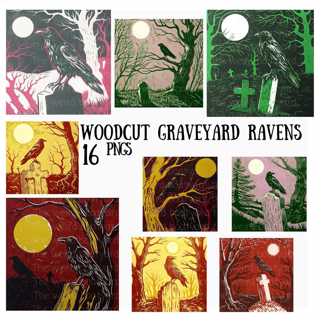 Woodcut Raven Clipart Set: Gothic Graveyard PNG (digital Download) - Etsy