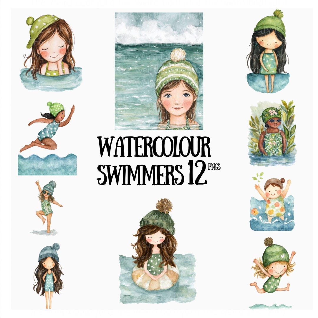 Watercolor Swimmers Clipart PNG Set, Wild Swimming Girls Illustration ...