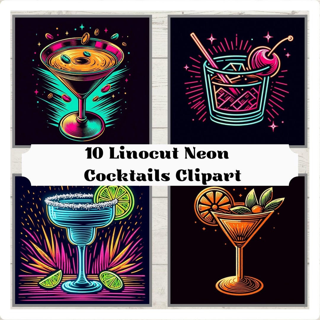 10 Neon Linocut Cocktail Clipart Set | 10 Trendy Digital Cocktail Pngs ...