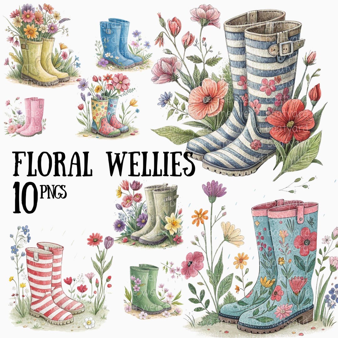 10 Floral Wellington Boots PNG, Spring Garden Boots Clipart, Gum Boots ...