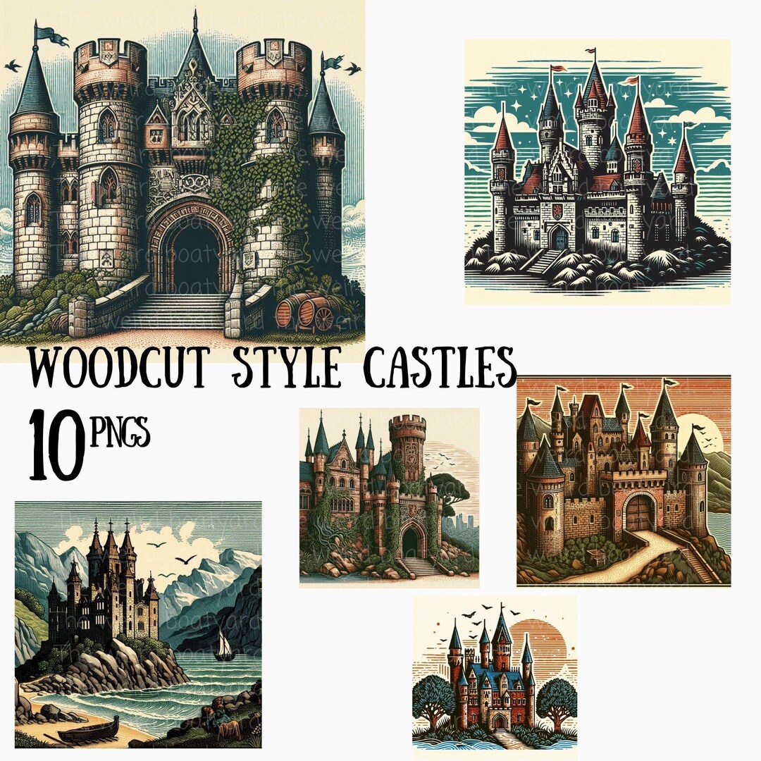 Woodcut Castle Clipart: Castlecore Graphics, Scottish Style (10 Pngs ...