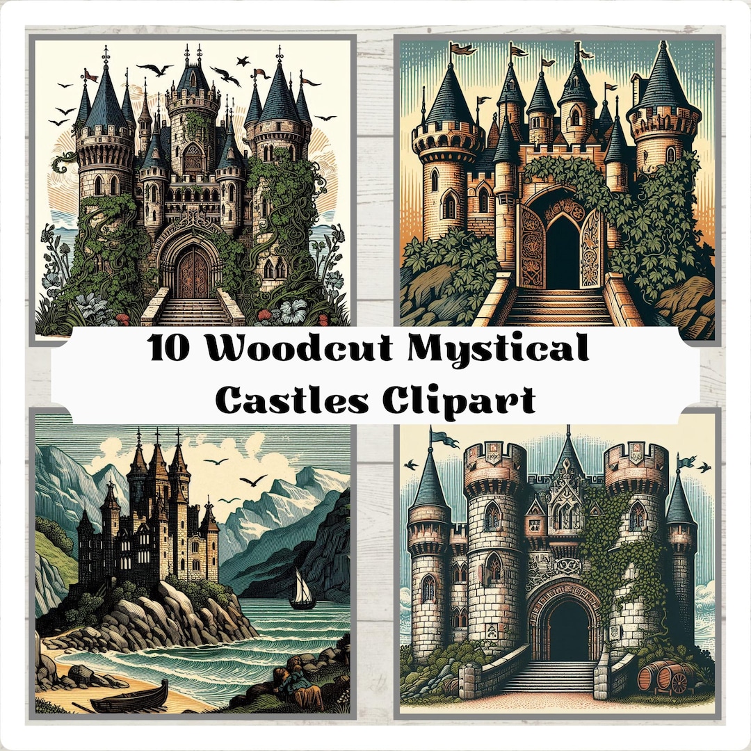 10 Colourful Mystical Castles Woodcut Clipart, Heraldry, Moat, Heritage ...