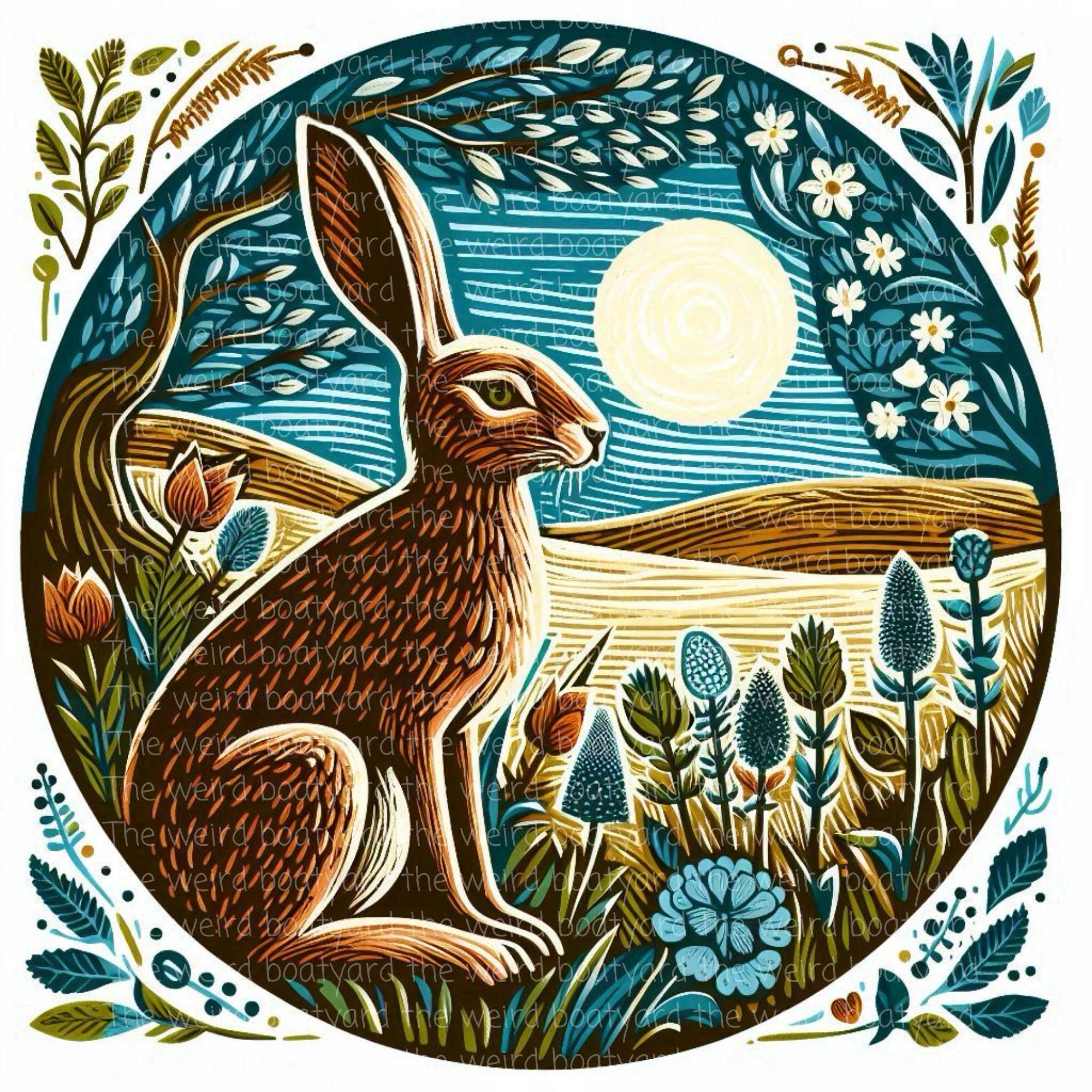 Linocut Spring Hare PNG: Rustic Easter Clipart (digital Download) - Etsy