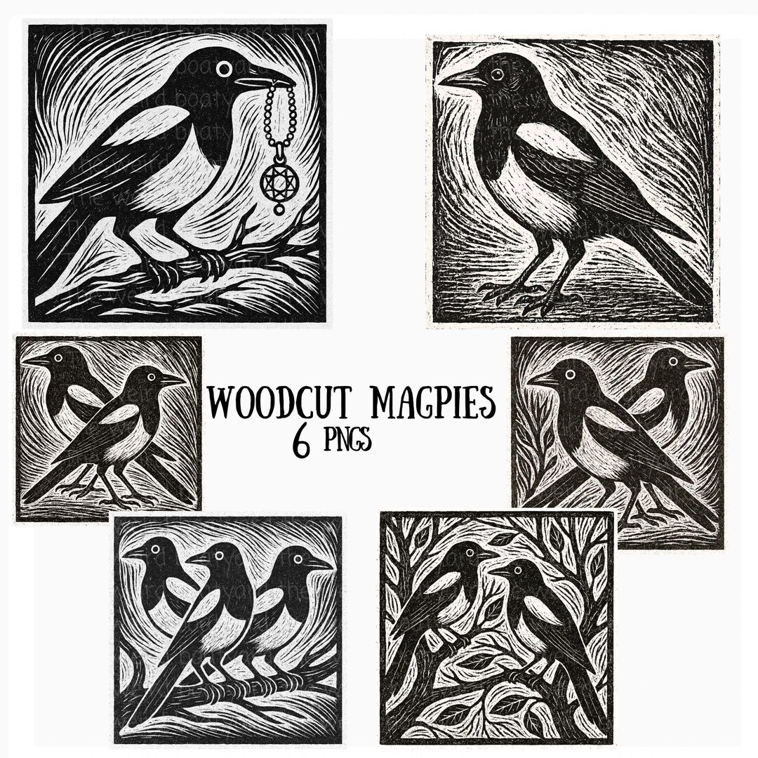 Woodcut Magpie Clipart Set, 6 Vintage Bird Pngs, Black & White Digital ...