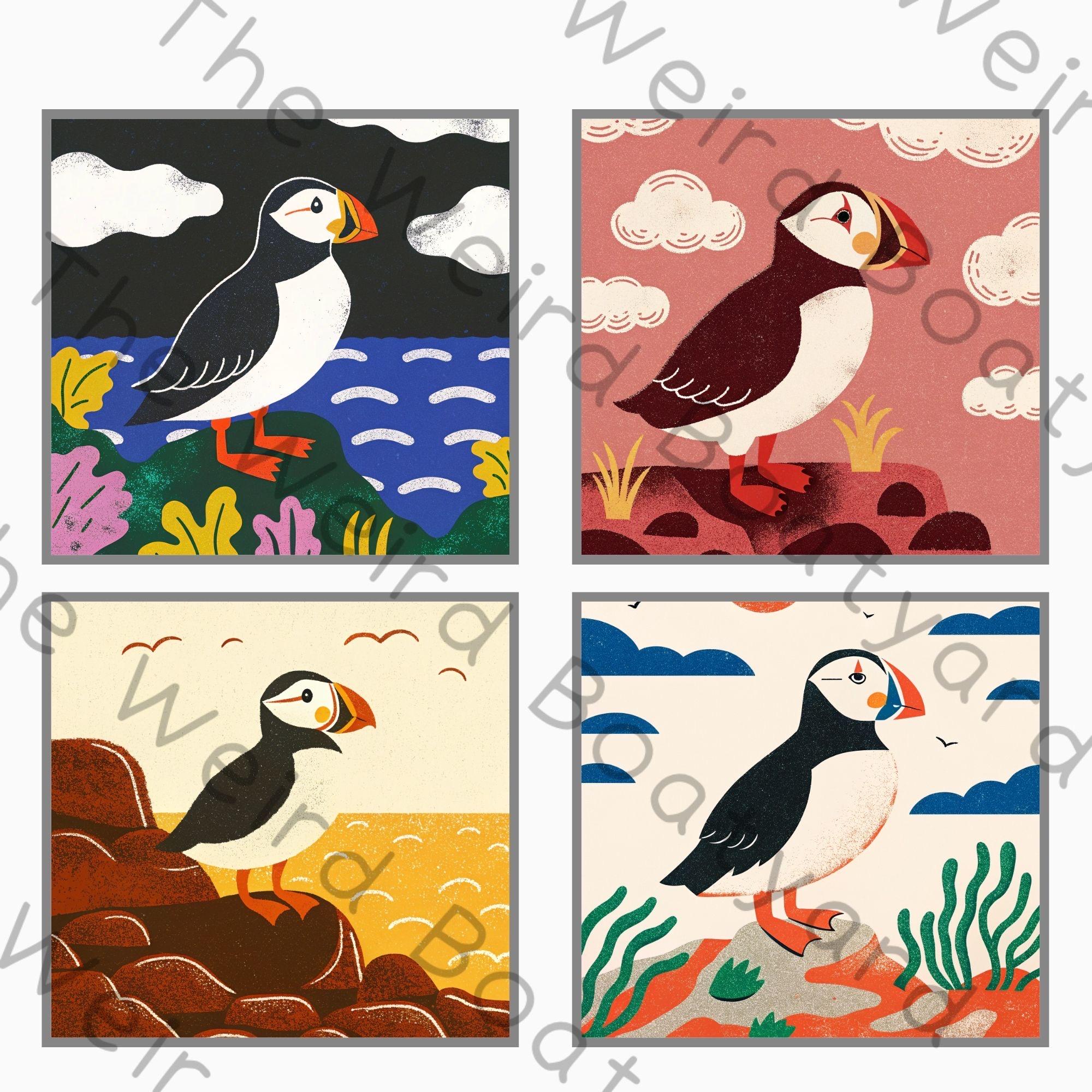 10 Risograph Inspired Puffins Clipart Images, Colourful Retro Digital ...