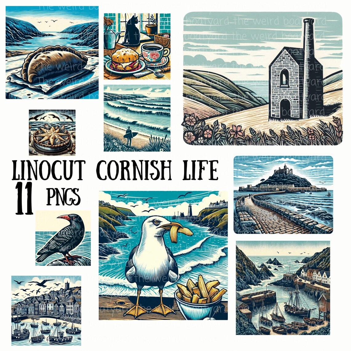 Linocut Cornish Life Clipart: Pasty, Seagull, Surf (PNG, Commercial ...