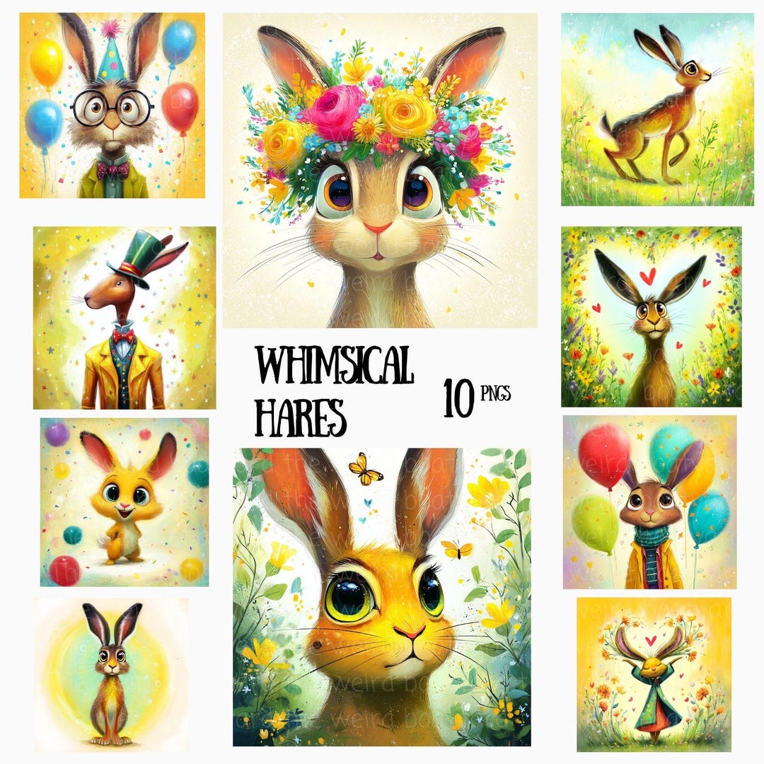 Whimsical Hare Clipart, 10 Colourful Hare PNG Images (digital Download ...