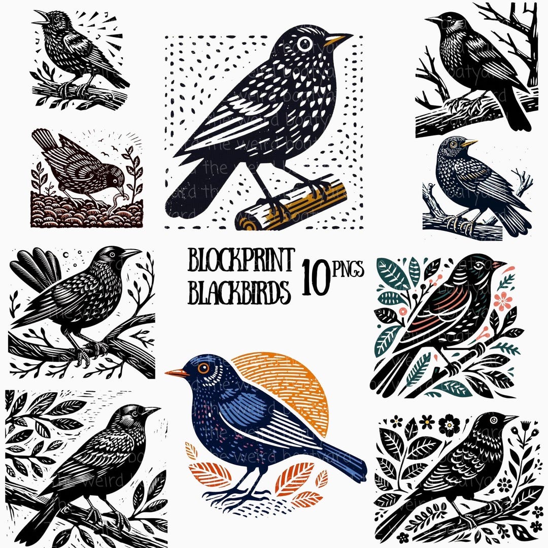 10 Blockprint Blackbird Pngs, Folk Art Bird Clipart, Hand Carved ...