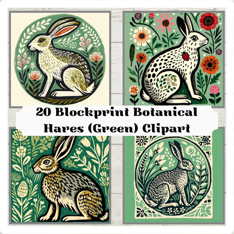 Botanical Hare Clipart: Green Blockprint Style, 20 PNG Images (digital ...