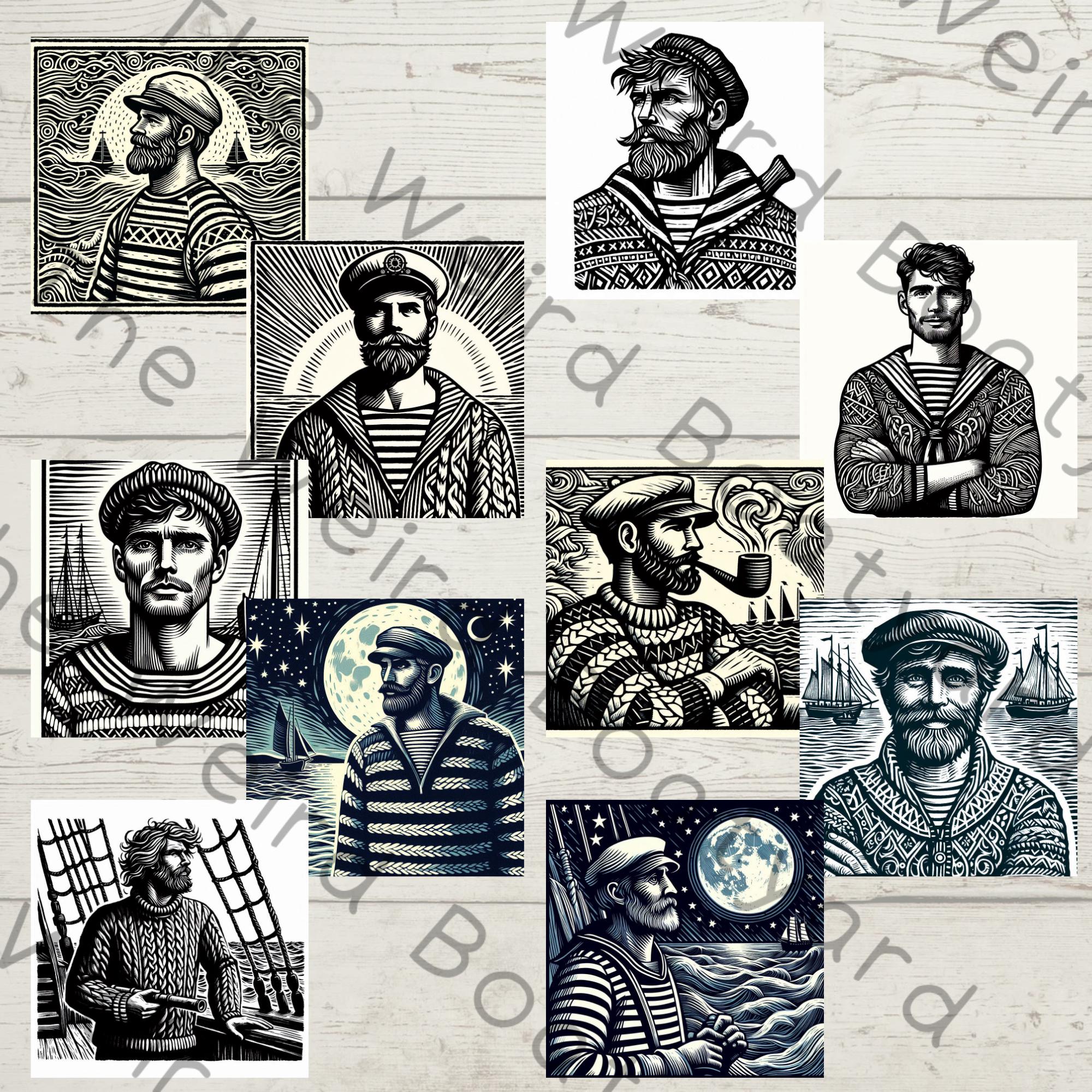 Linocut Sailor Clipart: Vintage Nautical Art, Ganseys (digital Download ...