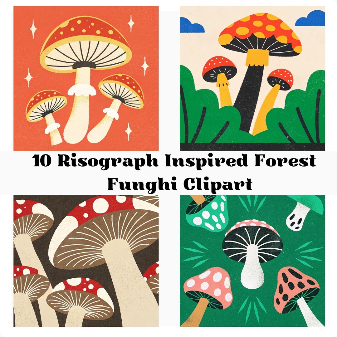 10 Risograph Inspired Forest Fungi Clipart Images, Colourful Retro ...