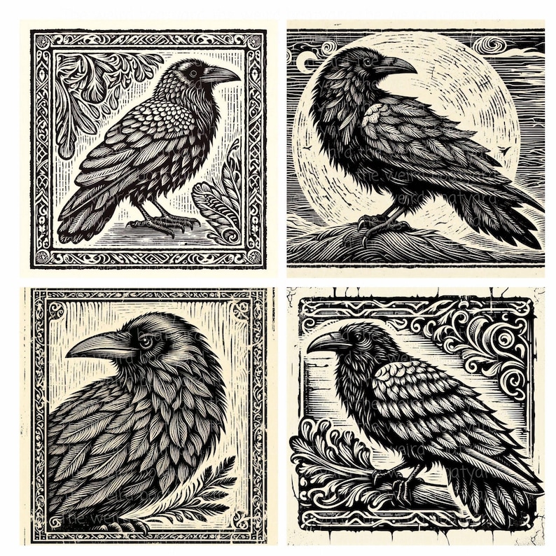 Woodcut Raven Clipart: Vintage Gothic PNG Images (digital Download) - Etsy