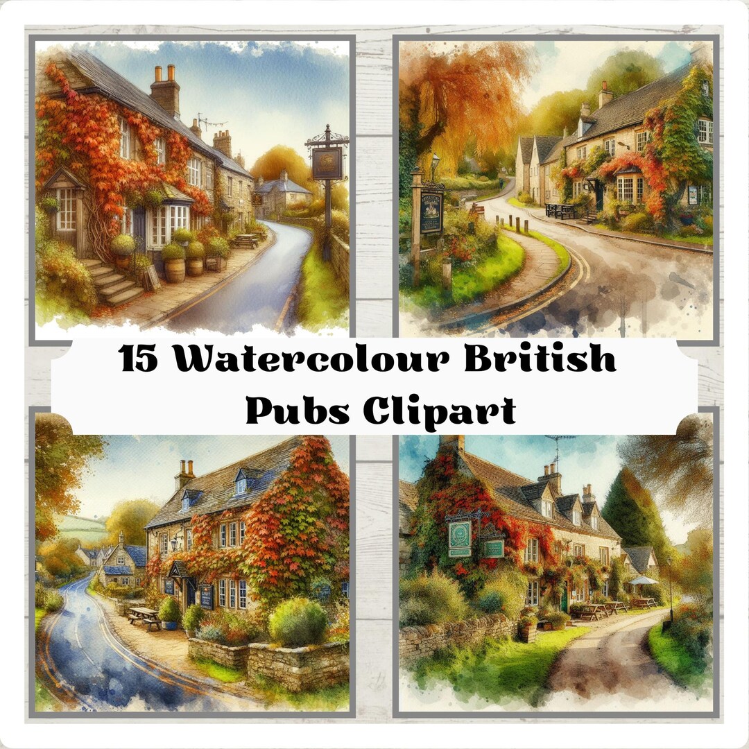 15 Watercolour Autumn British Pubs Clipart, Public House, Inn, Tavern ...