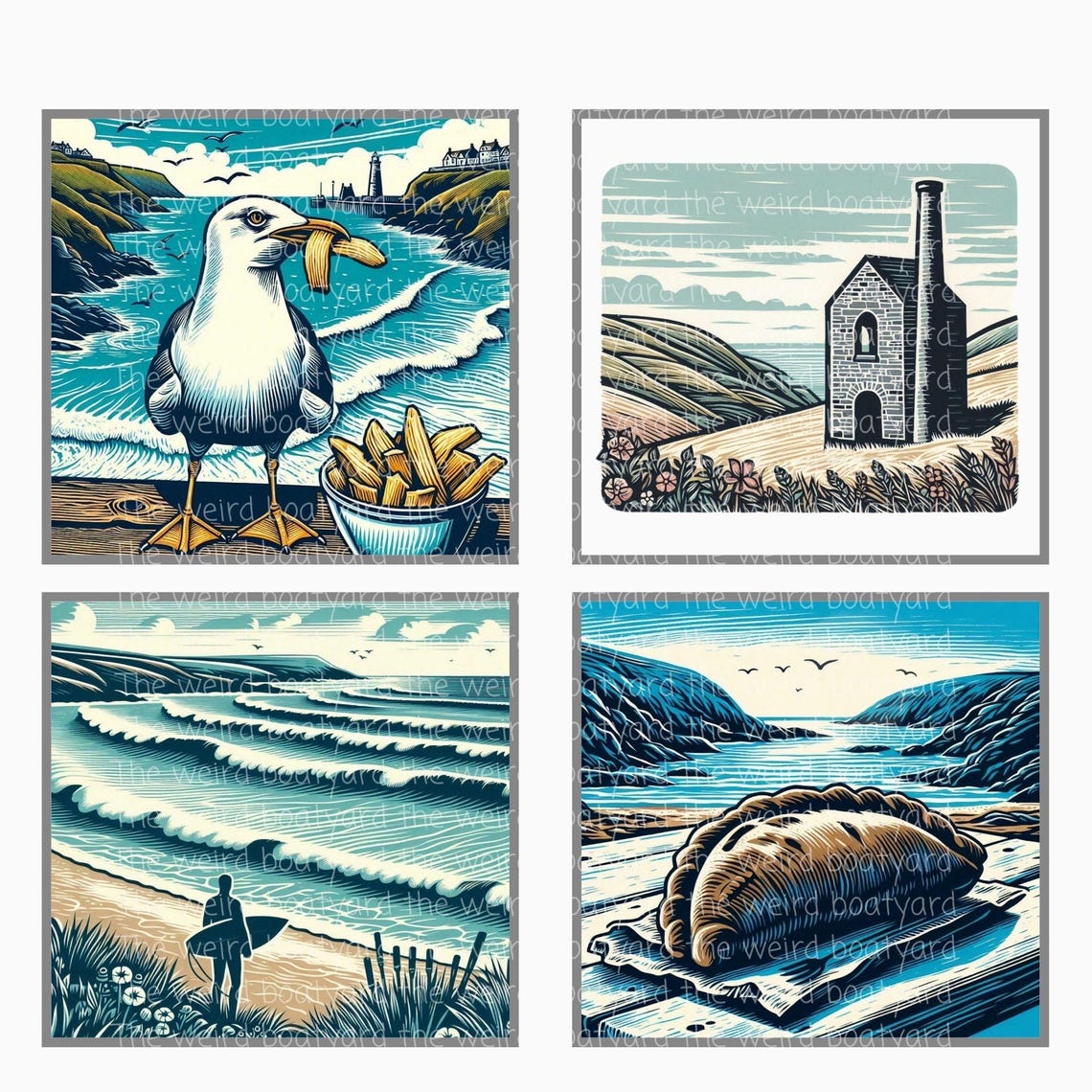 Linocut Cornish Life Clipart: Pasty, Seagull, Surf (PNG, Commercial ...