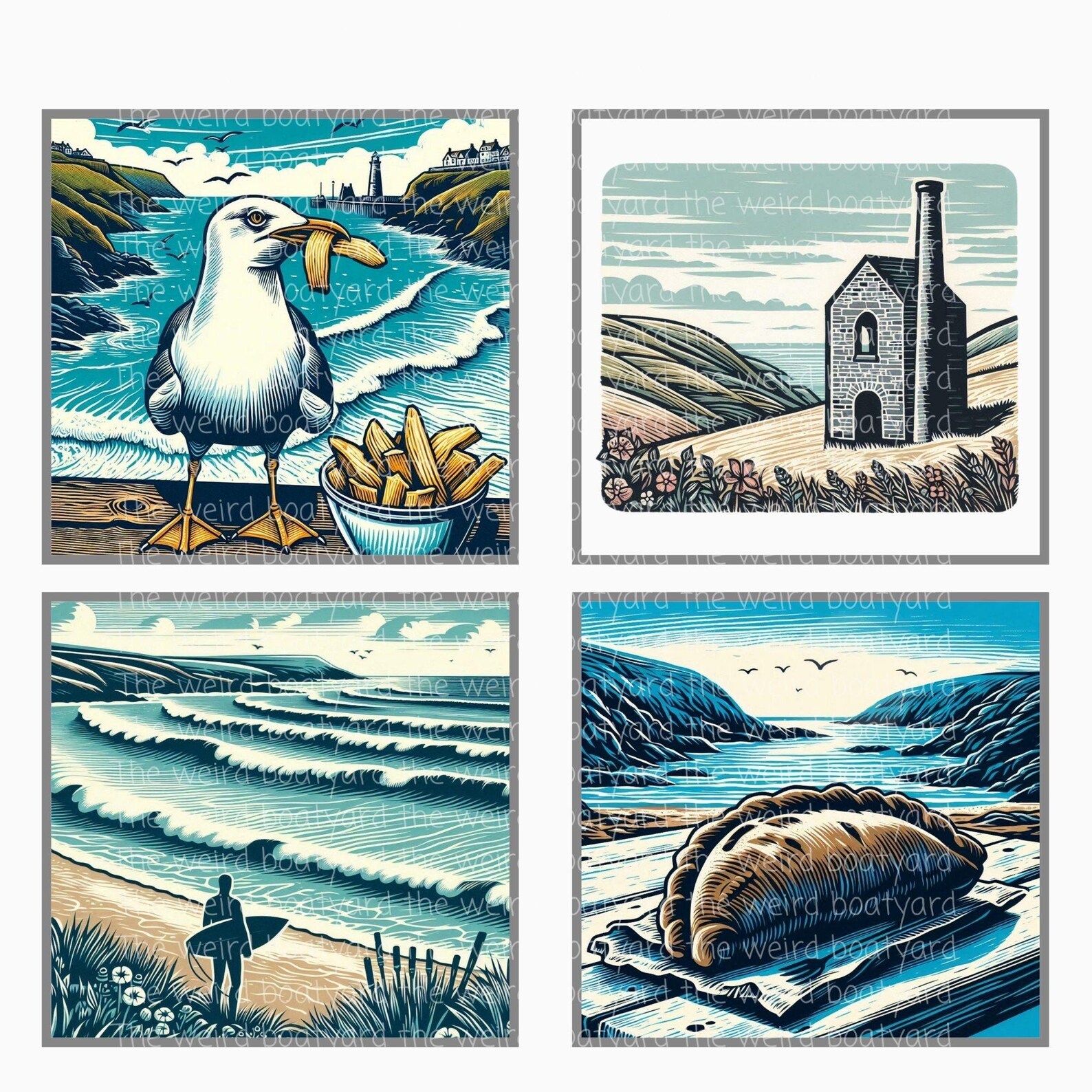 Linocut Cornish Life Clipart: Pasty, Seagull, Surf (PNG, Commercial ...