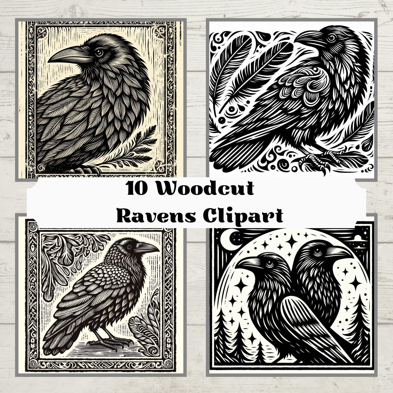 10 Woodcut Raven Clipart Images - Vintage Style, High-resolution ...