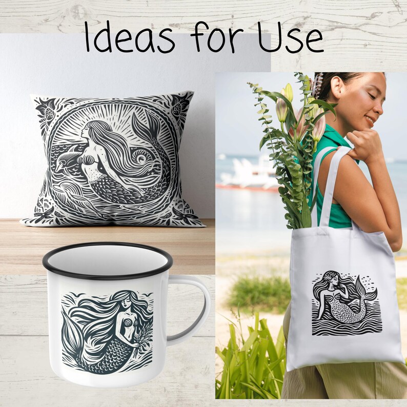 10 imágenes prediseñadas de sirena estilo linograbado, algas, peces ...