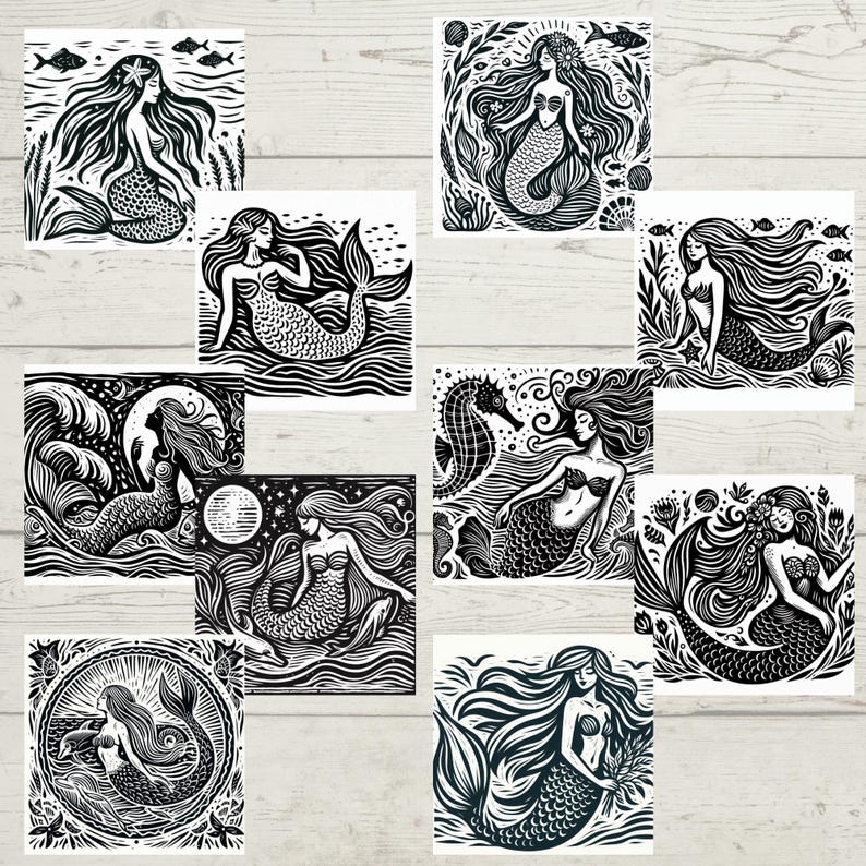 10 imágenes prediseñadas de sirena estilo linograbado, algas, peces ...